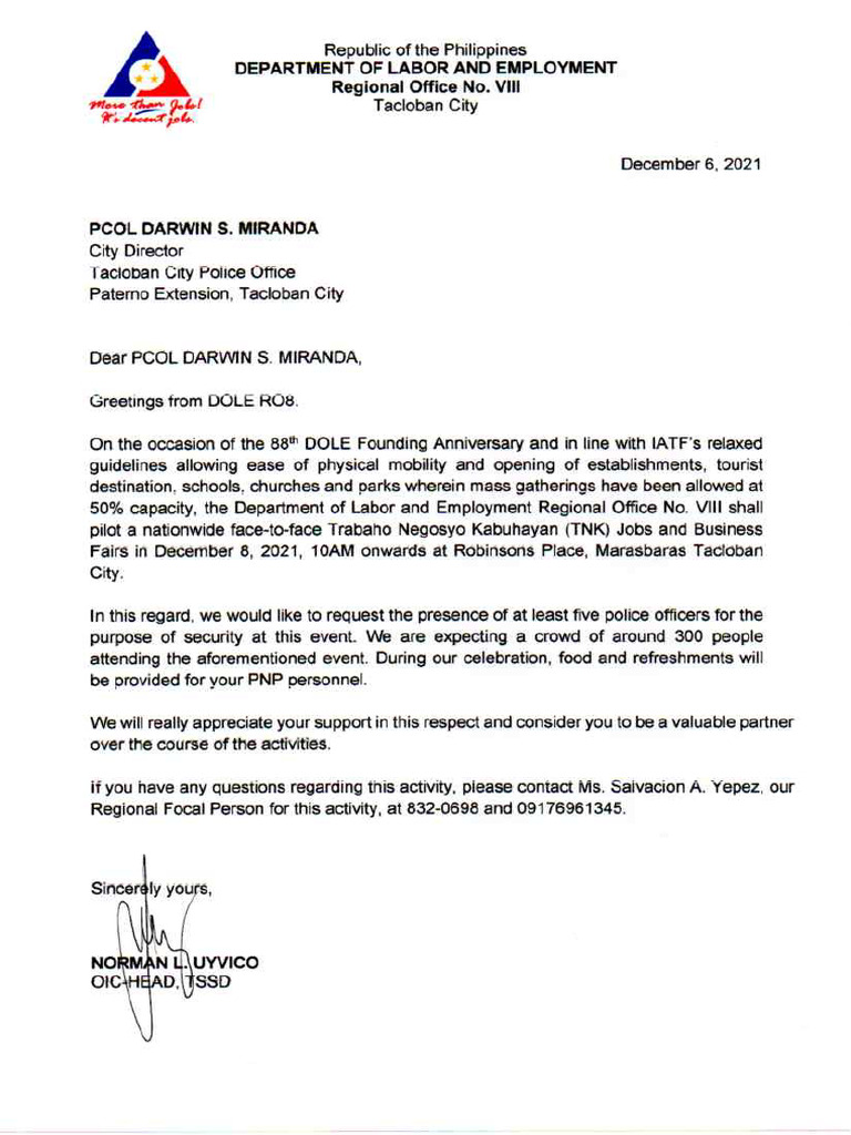 DOLE Letter of Request - PNP | PDF