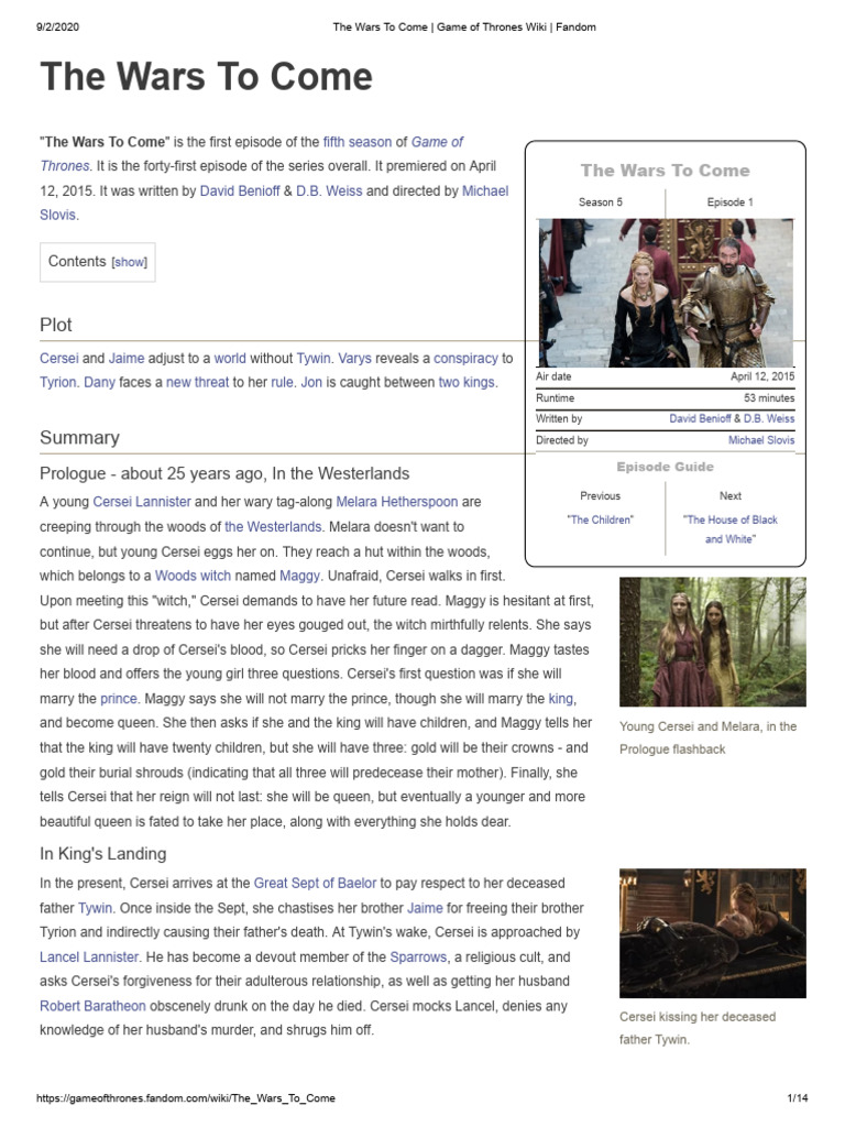 01 - The Wars To Come - Game of Thrones Wiki - Fandom | PDF | World Of ...