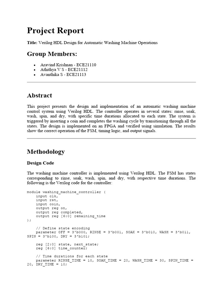 Verilog HDL Automatic Washing Machine Design | PDF | Hardware Description Language | Electronic ...