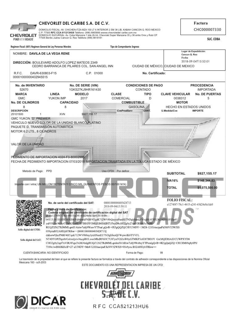 Factura GMC Yukon | PDF | Tecnologías automotrices | Motores generales