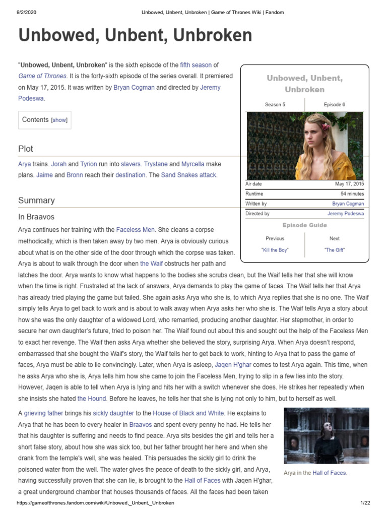 Unbowed, Unbent, Unbroken Episode Overview | PDF | World Of A Song Of ...