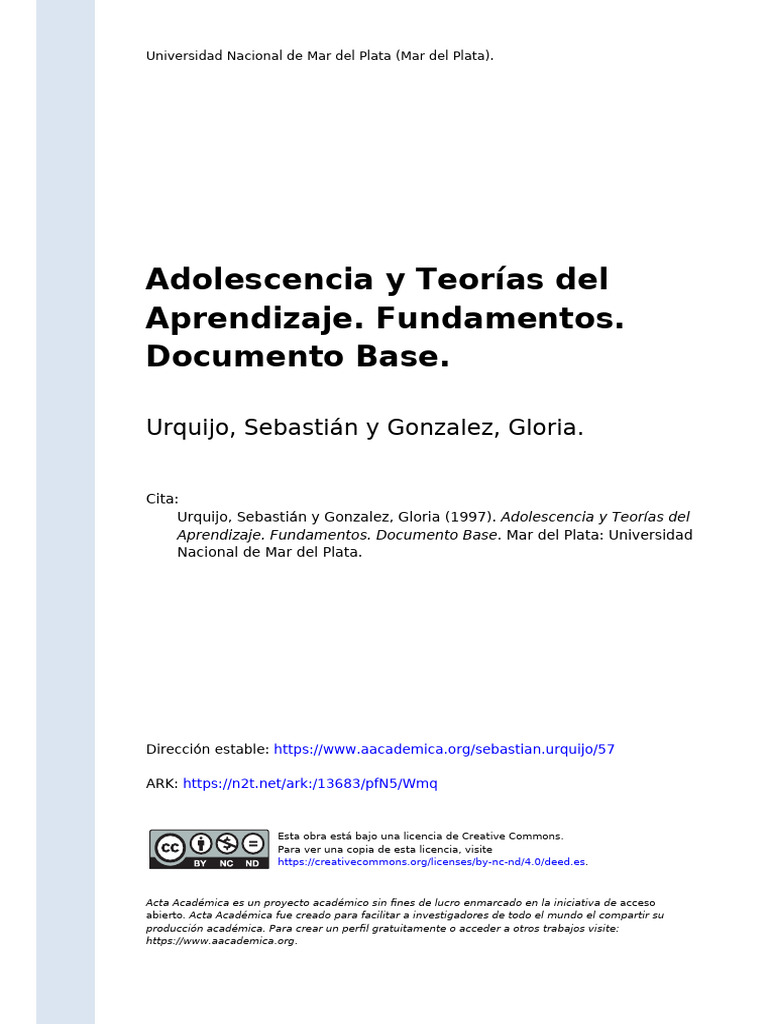Urquijo Sebastian y Gonzalez Gloria. Adolescencia y Teorias Del Aprendizaje. Fundamentos ...