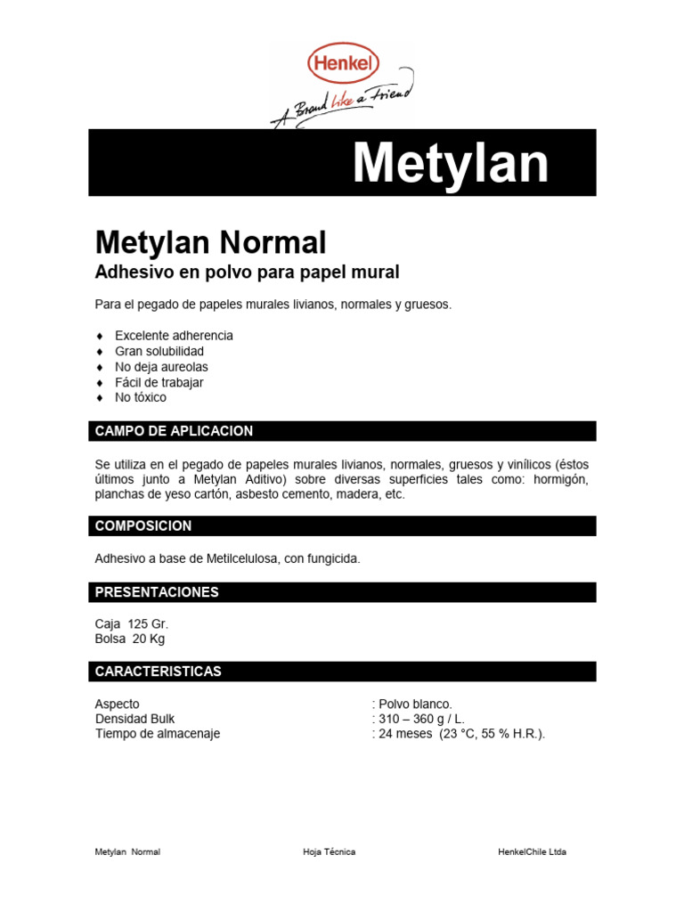 FICHA TECNICA Metylan Normal - Pegamento Carpenter | PDF | Papel ...