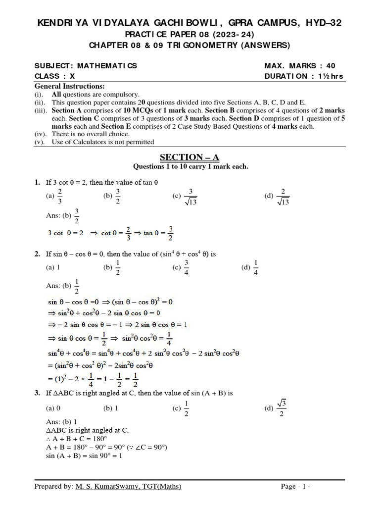 Maths Class X Chapter 08 09 Trigonometry Practice Paper 08 Answers ...