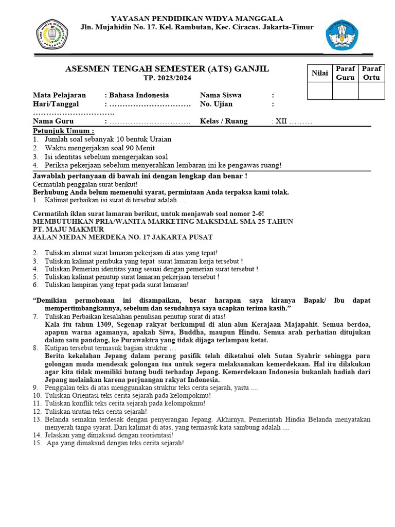 Soal Pat Ganjil 2023 Bu Es | PDF