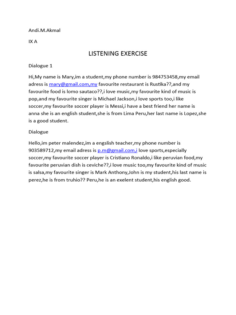 Listening Exercise, Akmal 9A | PDF | Language Arts & Discipline