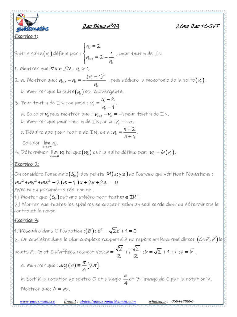 Exercices de Mathématiques Bac PC-SVT | PDF | Géométrie | Analyse ...