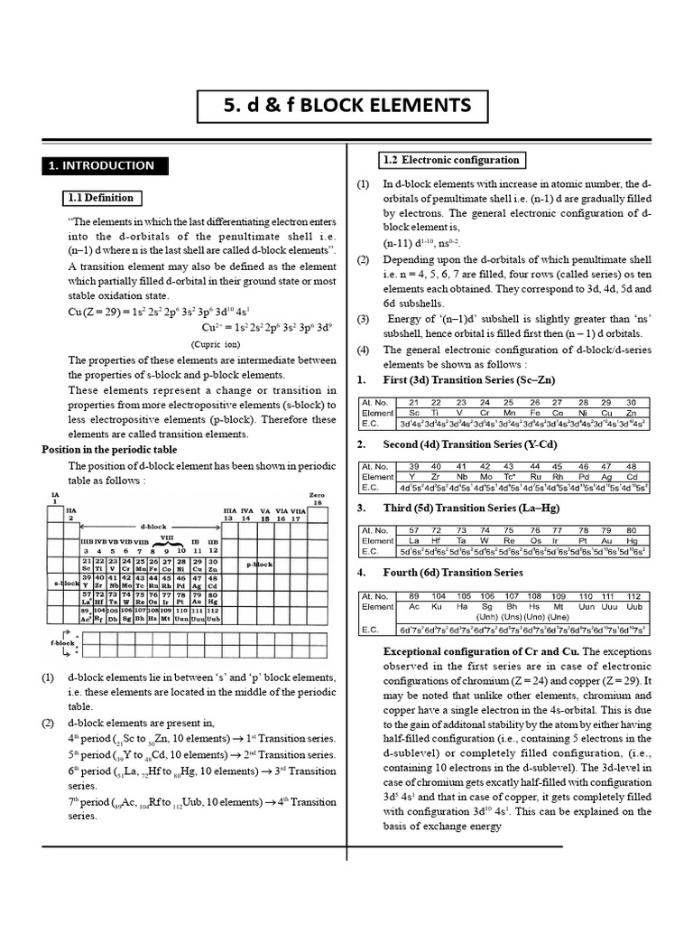 D and F Block Elements | PDF | Transition Metals | Electron Configuration