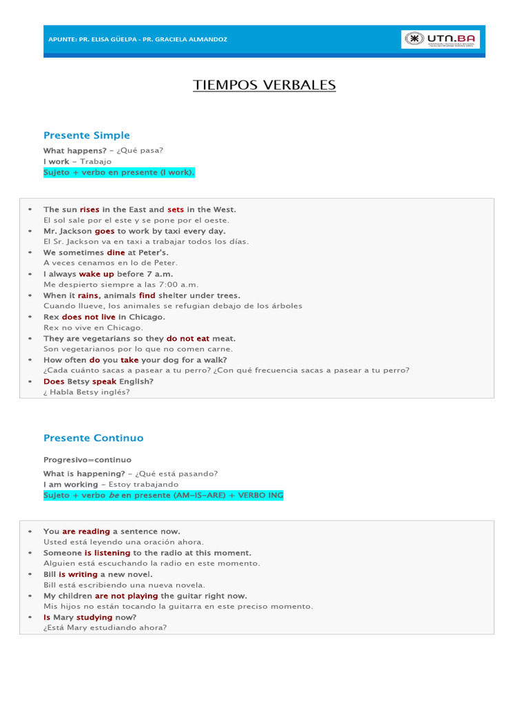 Tiempos Verbales-Con Ejemplos GA EG FINAL | PDF | Gramática | Mecánica ...