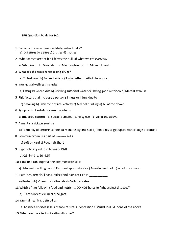 SFH Question bank | Download Free PDF | Diabetes | Foods