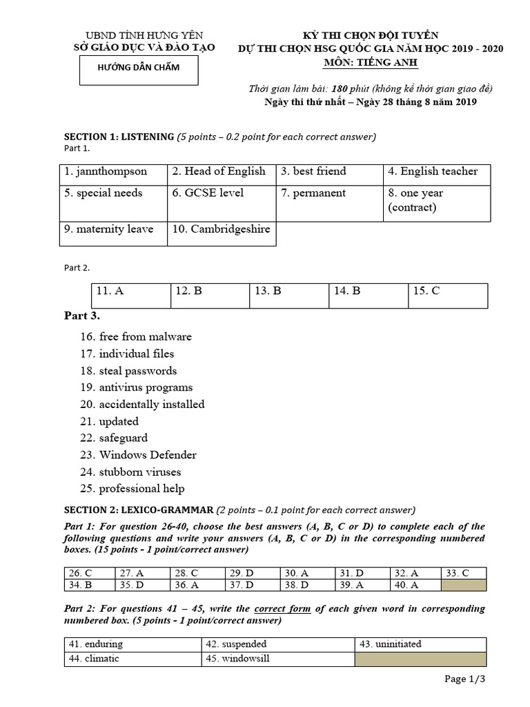 Dap An de Thanh Lap Doi Tuyen HSG 2019 - CHY | PDF | Writing | Human Communication