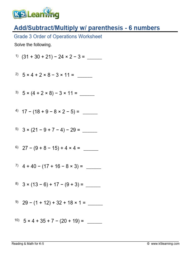 Grade 3 Order Operations Add Sub Mult 6 D | PDF