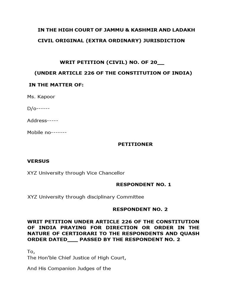 Writ Petition of Certiorari For A Hypothetical Situation | PDF | Affidavit | Certiorari