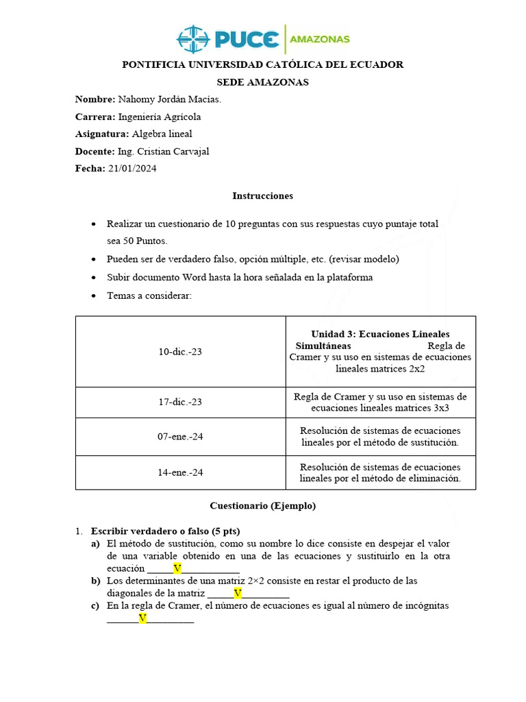 Cuestionario Algebra Lineal NAHOMY JORDAN | PDF | Sistema de ecuaciones ...