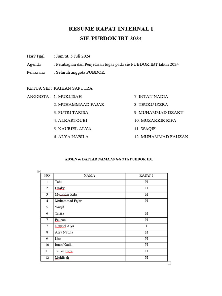Resume Rapat Sie Pubdok Ibt 2024 | PDF
