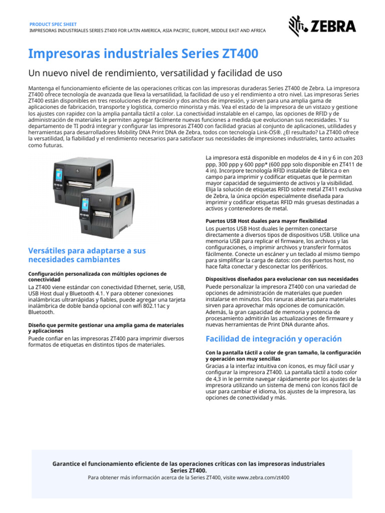 zt400-series-spec-sheet-es-la | PDF | Impresora (Computación ...