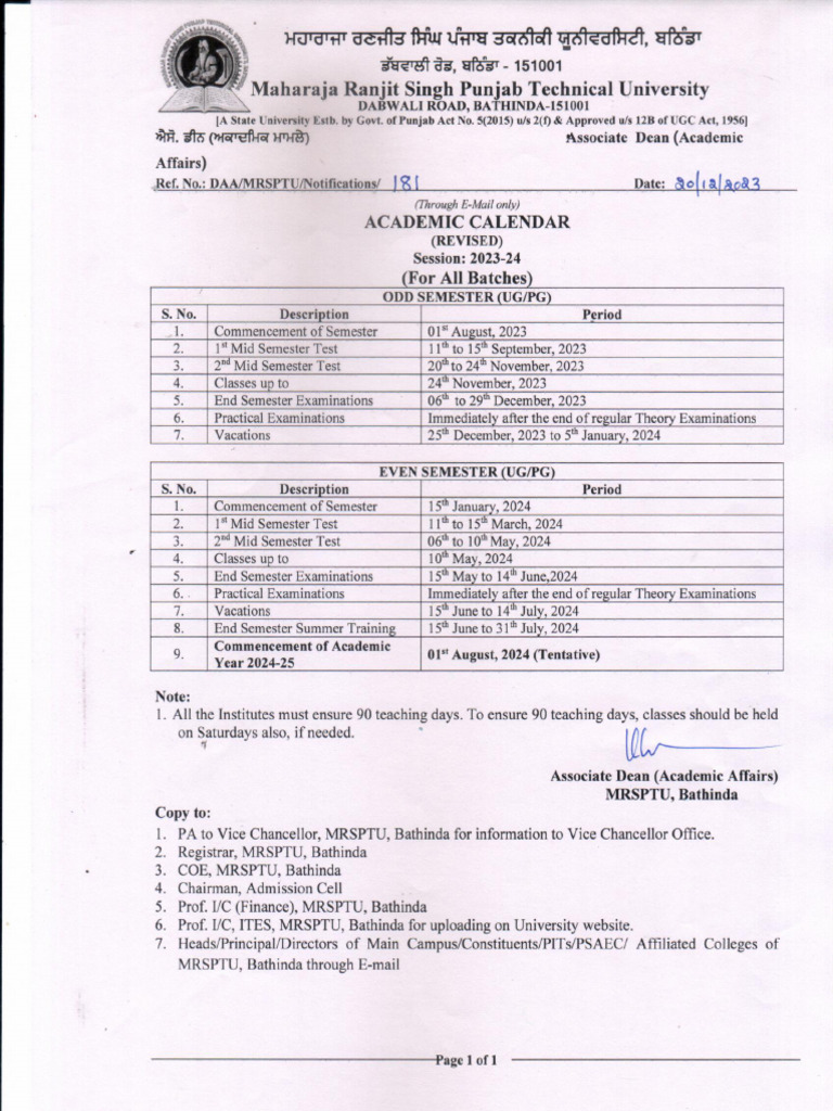181 Notification-Revised Academic Calender Session 2023-24 | PDF
