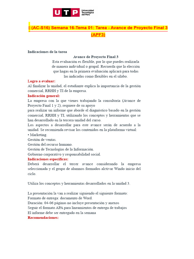 ? (AC-S16) Semana 16-Tema 01 Tarea - Avance de Proyecto Final 3 (APF3) | PDF | Evaluación | Business
