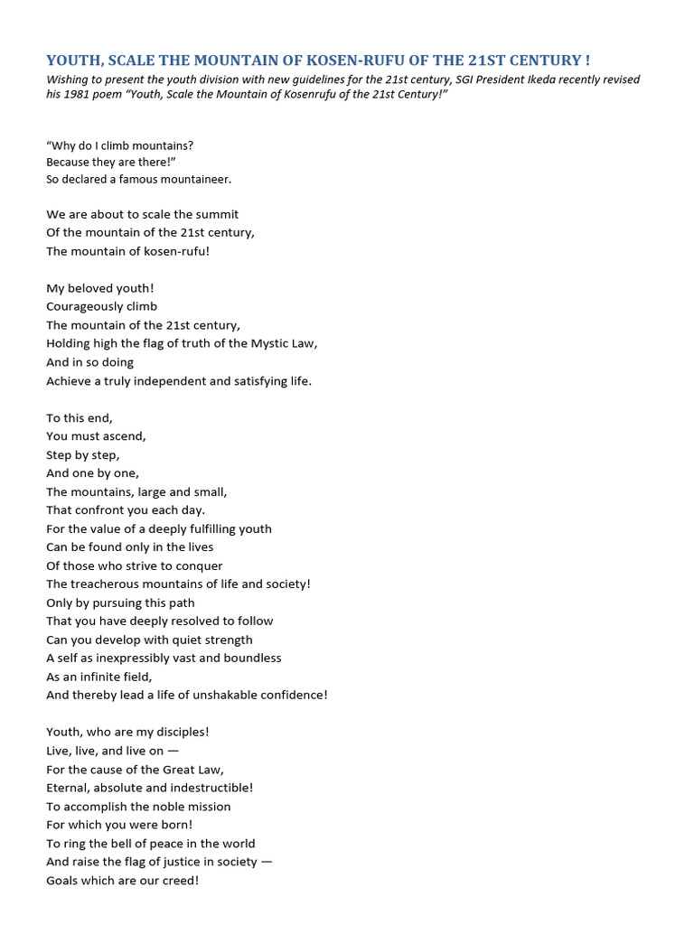 Youth Scale The Mountain of 21st Century Poem | PDF | Faith | Hope