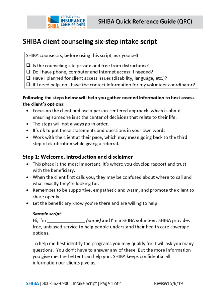 Client Counseling Six Step Intake Script | PDF | Medicare (United States)