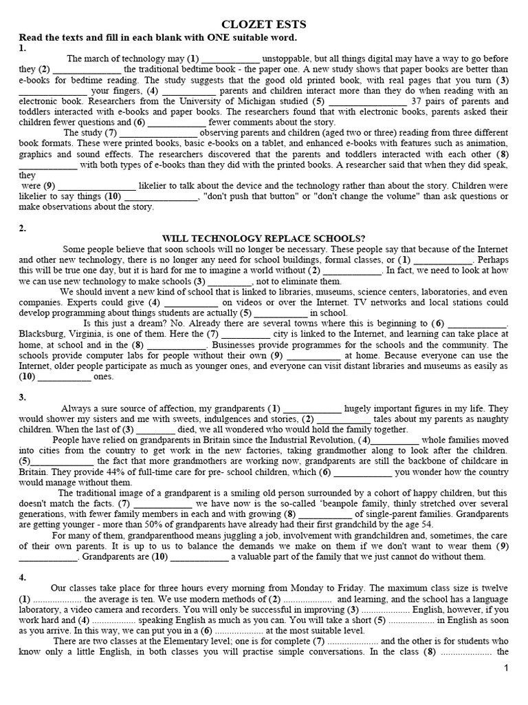 CLOZE-TESTS Key | PDF | Grandparent | Books