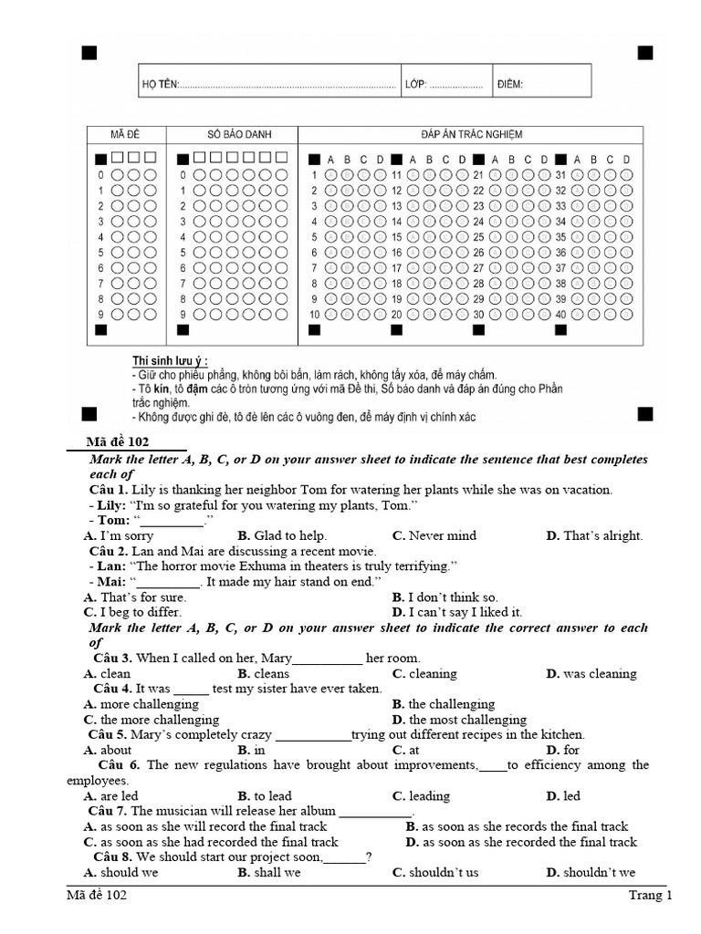 Mark The Letter A B C Or D On Your Answer Sheet To Indicate The