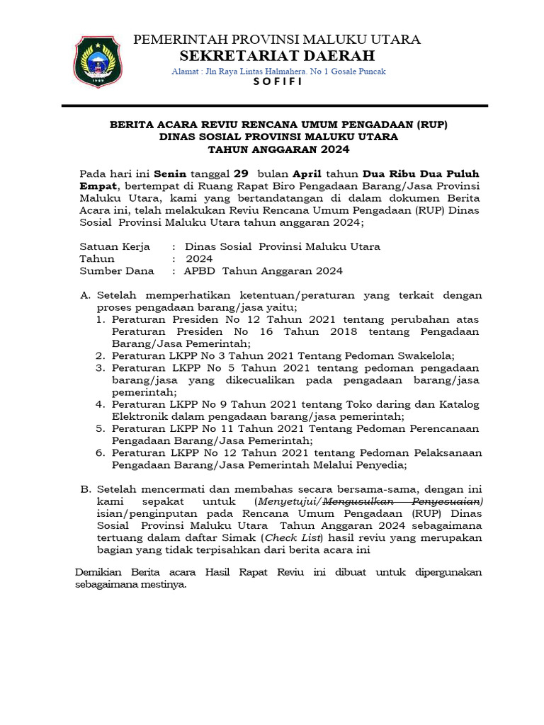 Reviu RUP Dinsos Maluku Utara 2024 | PDF