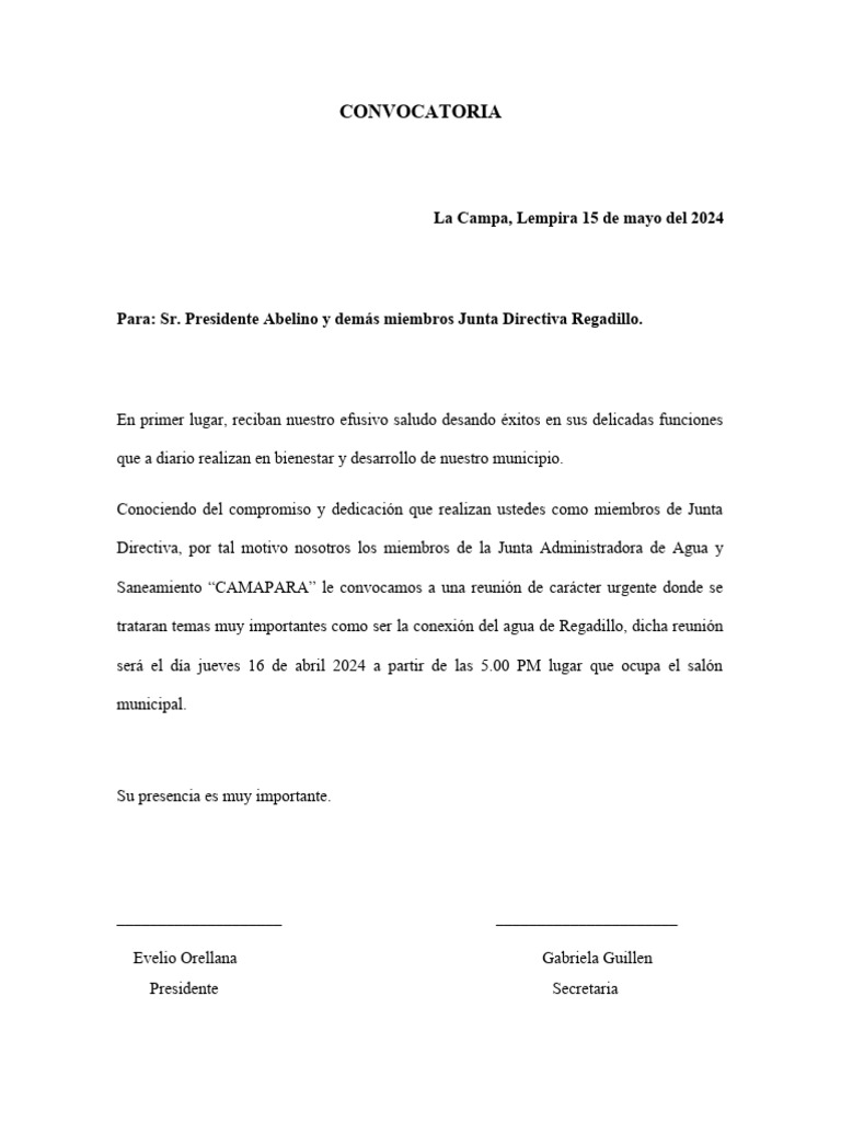 Convocatoria a reunión sobre agua Regadillo | PDF