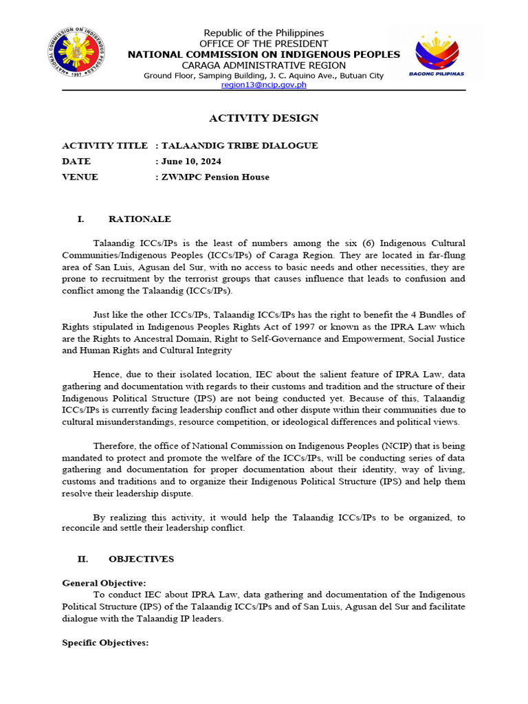 Activity Design TALAANDIG Dialogue 2 | PDF | Indigenous Peoples