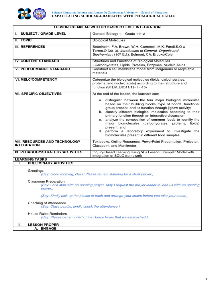 SCIENCE Sample Lesson Plan 5es | PDF | Cell Membrane | Carbohydrates