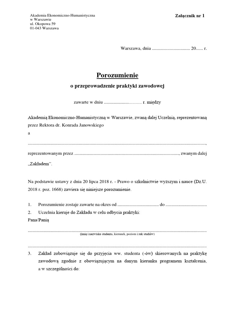 POROZUMIENIE o Przeprowadzenie Praktyki | PDF