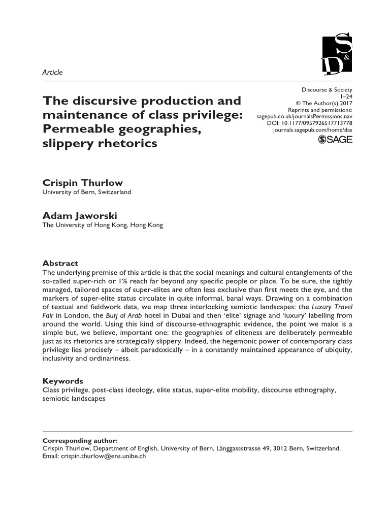 "The Discursive Production and Maintenance of Class Privilege Permeable Geographies, Slippery ...