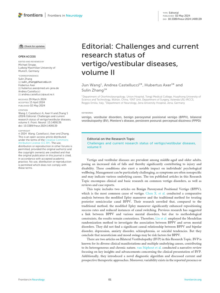Challenges and Current Research Status of Vertigovestibular Diseases ...