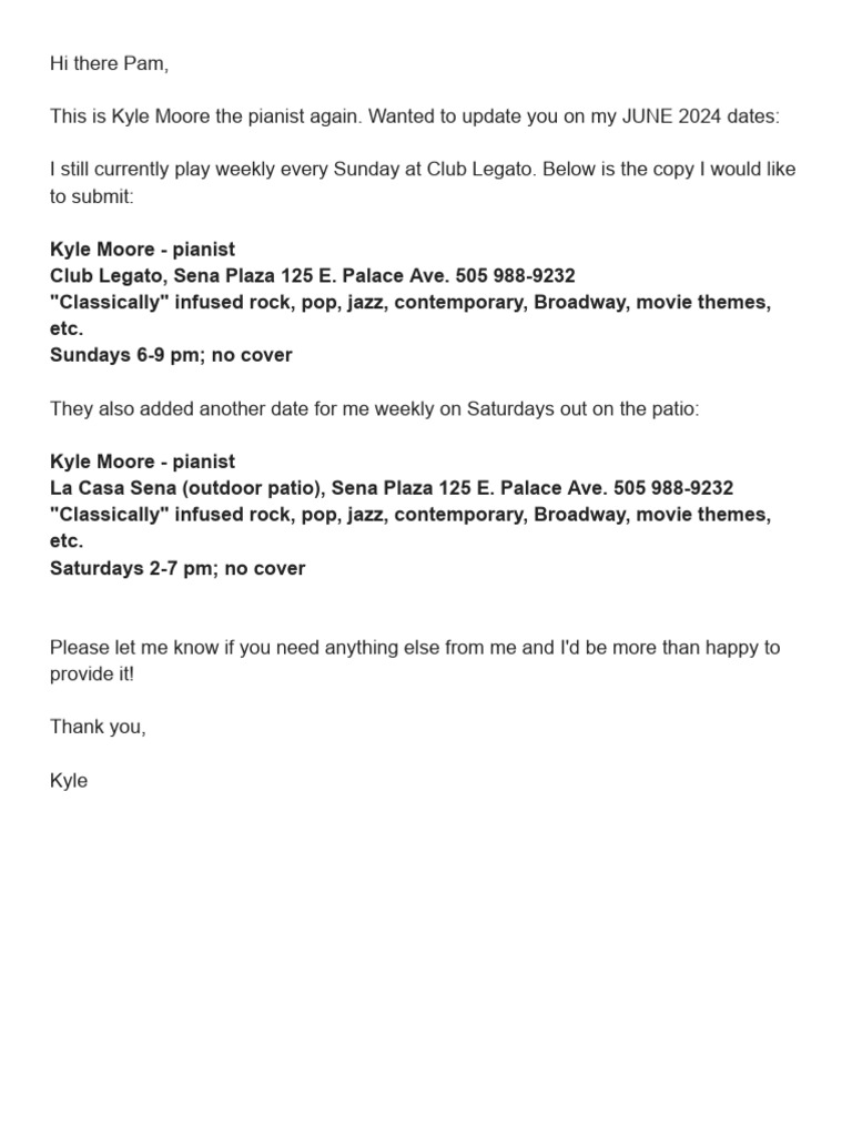 Kyle Moore's June 2024 Performance Schedule | PDF