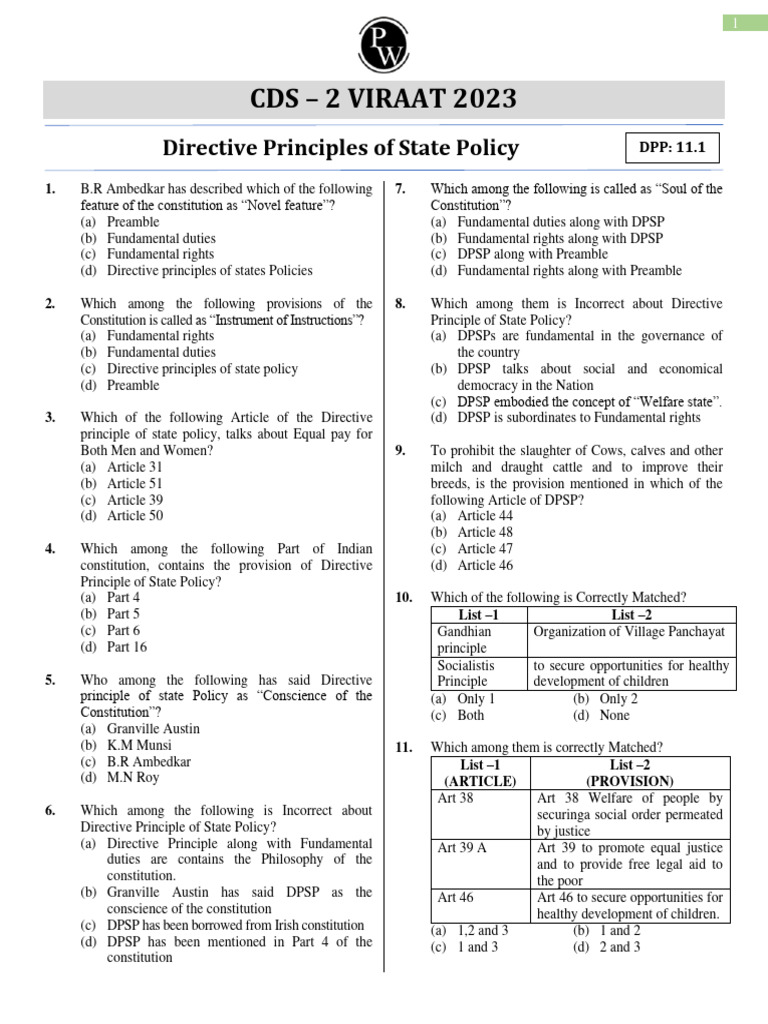 Directive Principles of State Policy - DPP 11.1 - (CDS - 2 Viraat 2023) | PDF | Justice | Crime ...