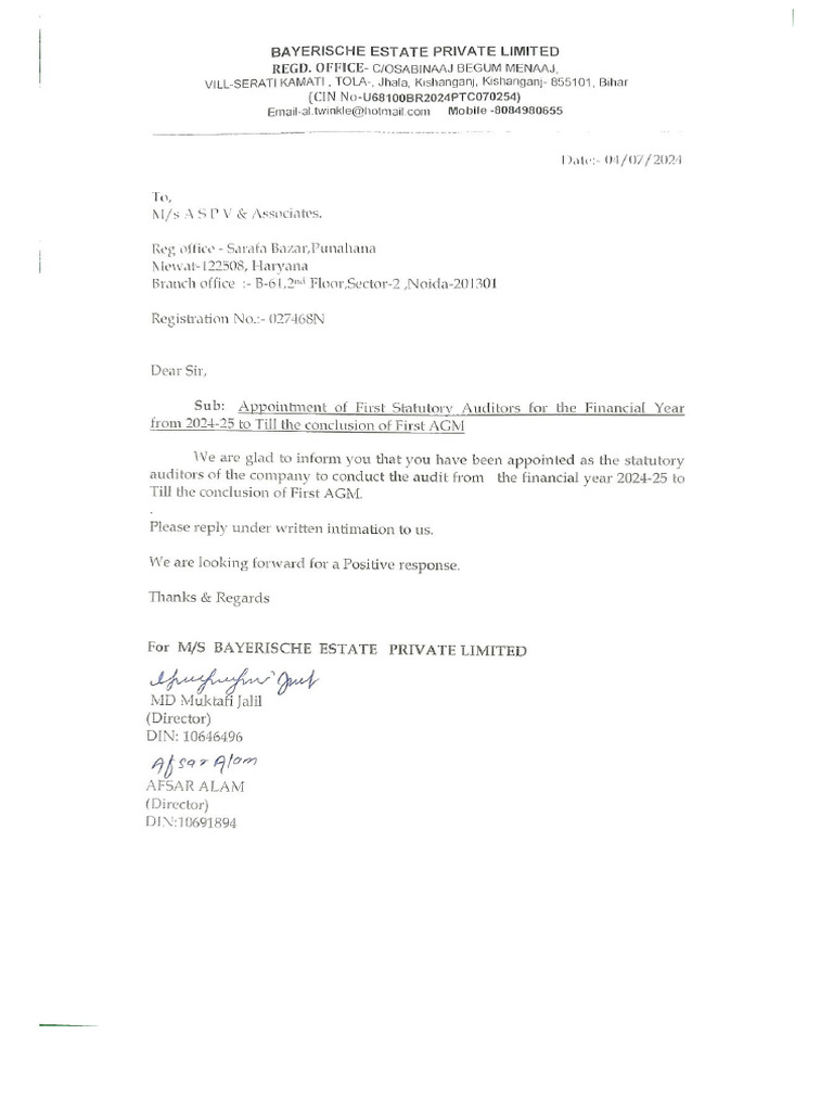 First Intimation and First Statutoryauditor | PDF