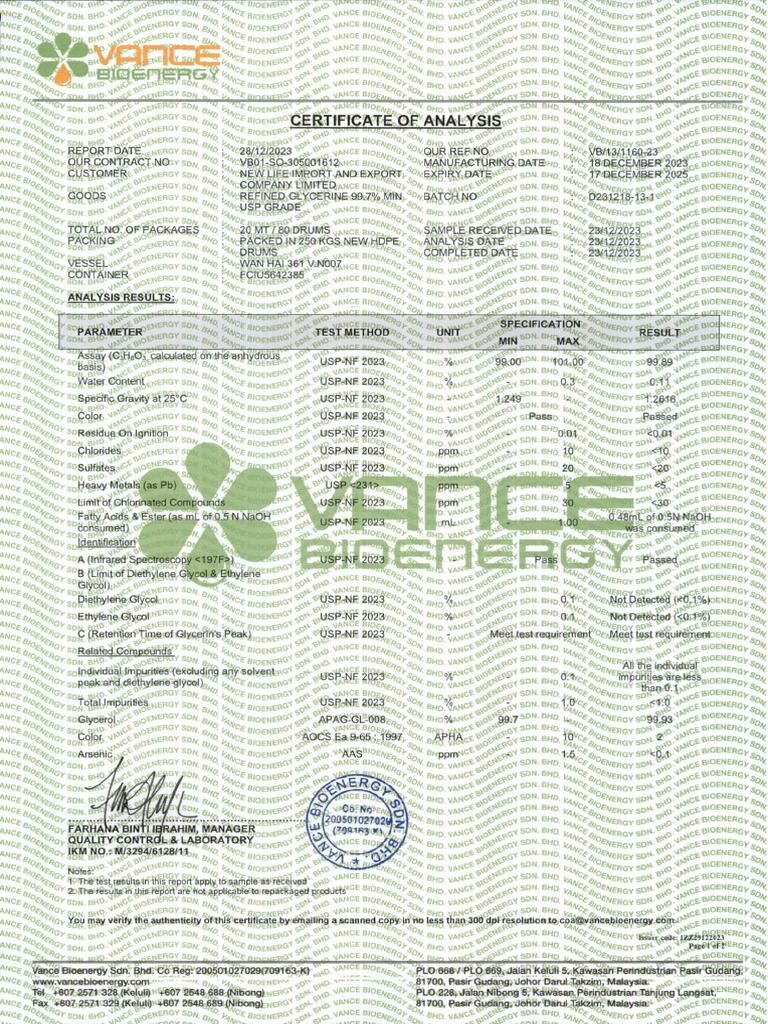 COA 2024.01.04 Glycerin Cont Vance | PDF