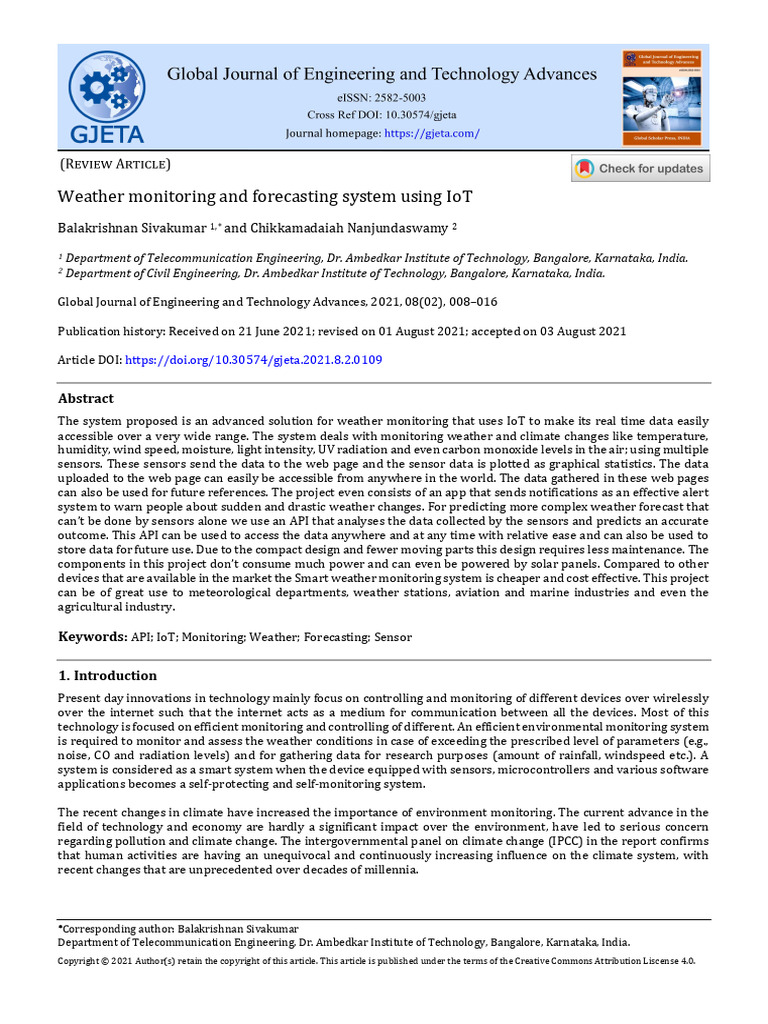 Weather Monitoring and Forecasting System Using Io | PDF | Internet Of ...