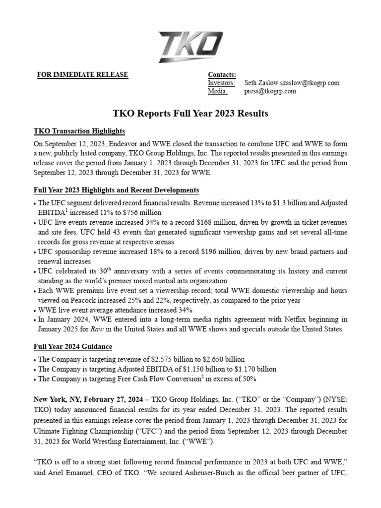 TKO - 4Q23 Earnings Release - 2 27 24 - FINAL | PDF | Free Cash Flow | Expense