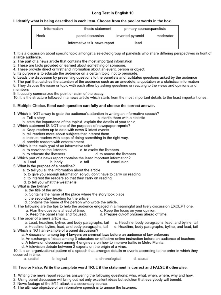 English 10 Informative Speech Test | PDF | News | Question