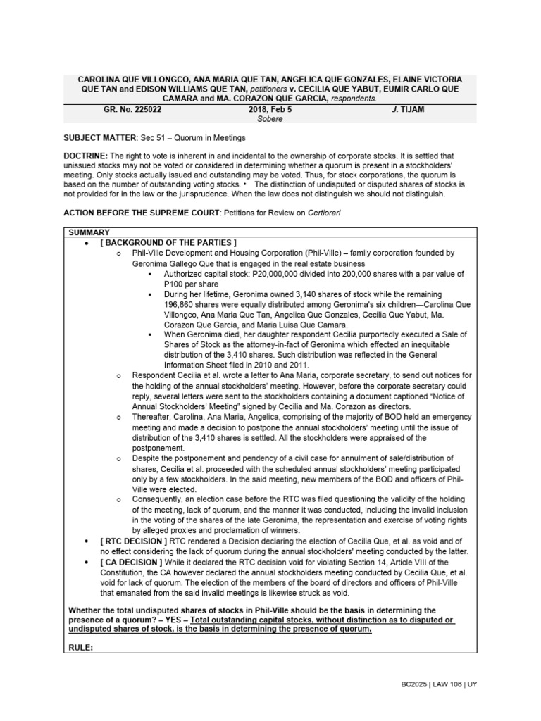 Carolina Que Villongco Et Al v. Cecilia Que Yabut Et Al | PDF ...