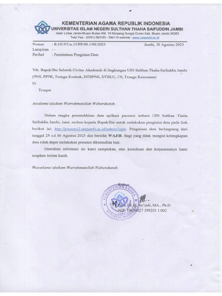 Surat Permintaan Pengisian Data Presensi | PDF Surat Permintaan Pengisian Data Presensi | PDF