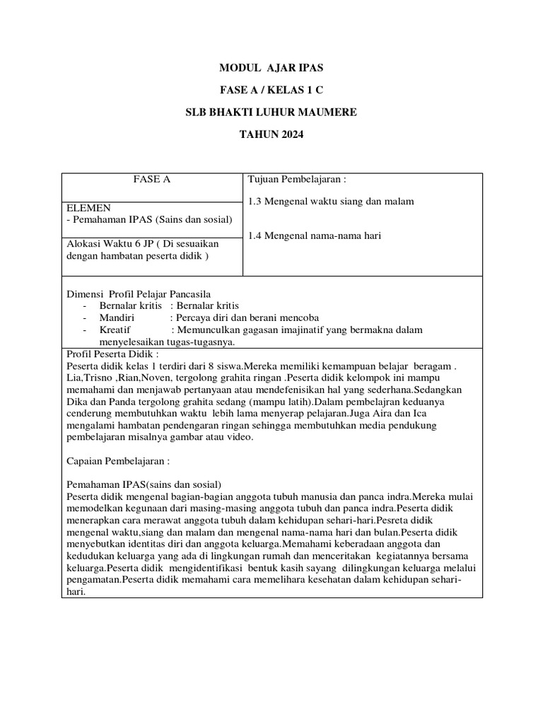 Modul Ajar Kelas 1 SLB Bhakti Luhur | PDF | Karier & Perkembangan