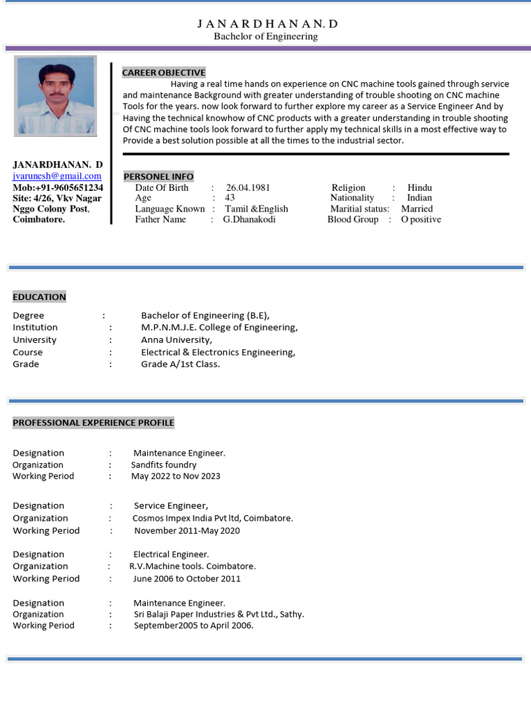 Resume Janardhanan. | PDF | Numerical Control | Programmable Logic Controller