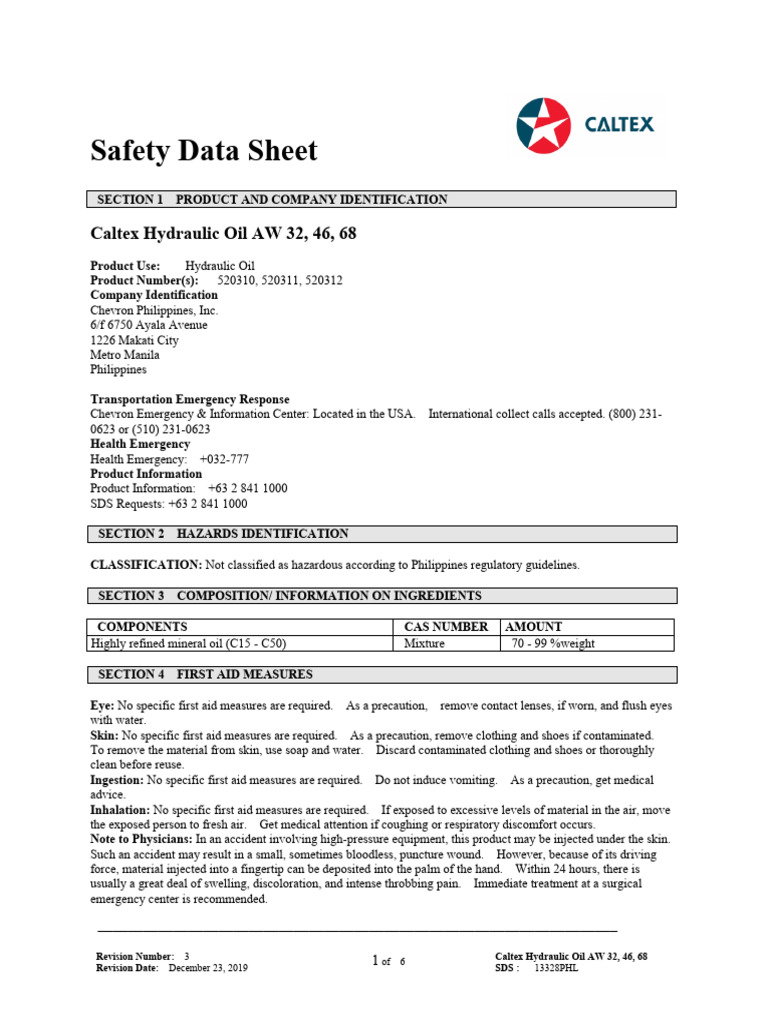 Caltex Hydraulic Oil SDS Overview | PDF | Toxicity | Personal ...