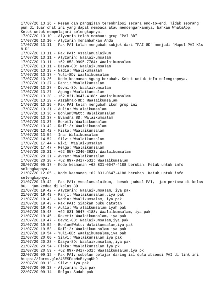 Chat WhatsApp Dengan Mapel PAI Kls 8-D | PDF