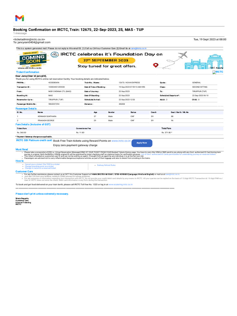 Gmail - Booking Confirmation On IRCTC, Train - 12675, 22-Sep-2023, 2S ...