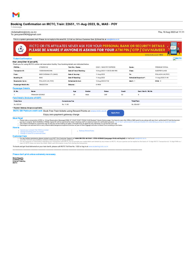 Gmail - Booking Confirmation On IRCTC, Train - 22651, 11-Aug-2023, SL ...