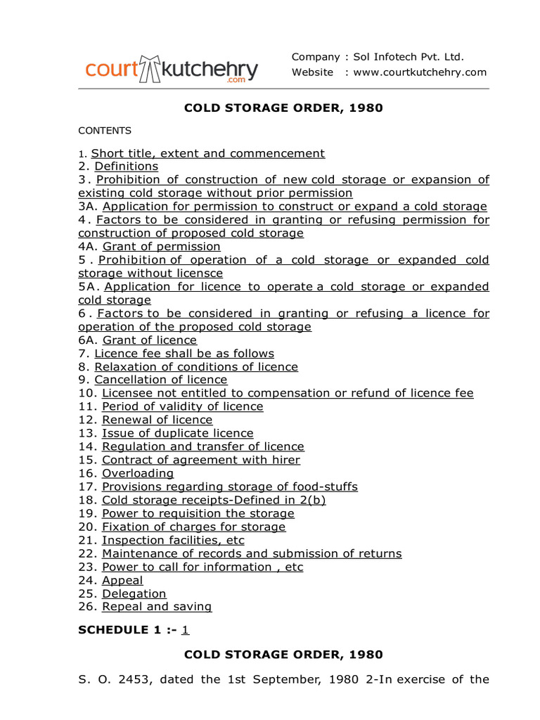 Cold Storage Order, 1980 | PDF | License | Refrigeration