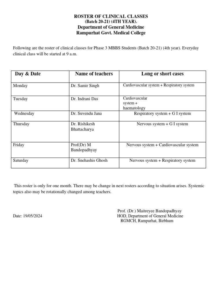 Clinical Class Roster for MBBS Batch 20-21 | PDF